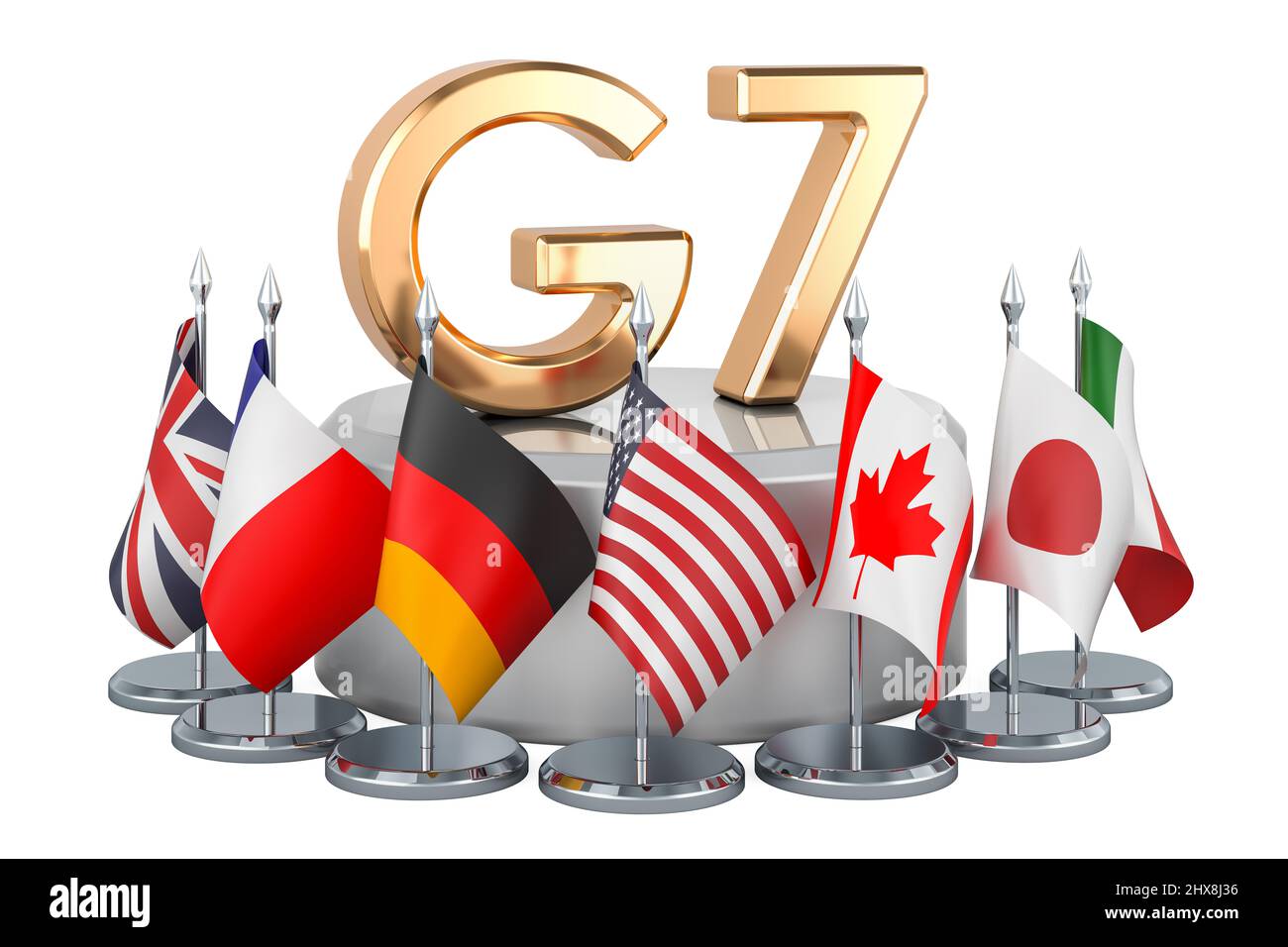 G7 meeting concept, flags of all members G7. 3D rendering isolated on ...