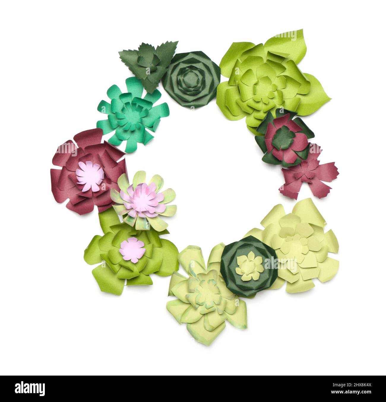 Frame made of beautiful handmade paper flowers on white background ...