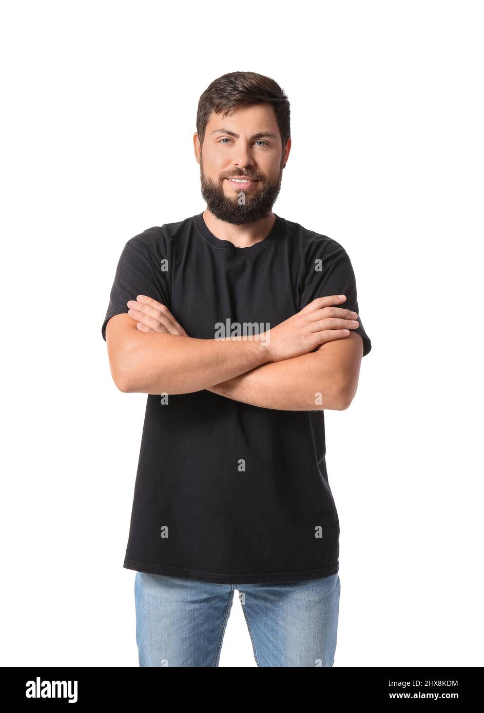 Handsome man in black t-shirt on white background Stock Photo - Alamy