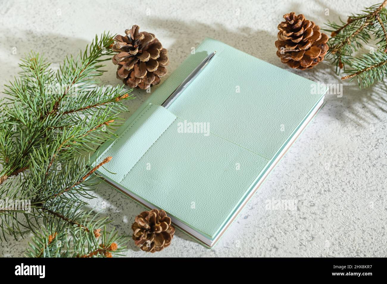 Stylish notebook with fir branches and cones on grunge background Stock ...