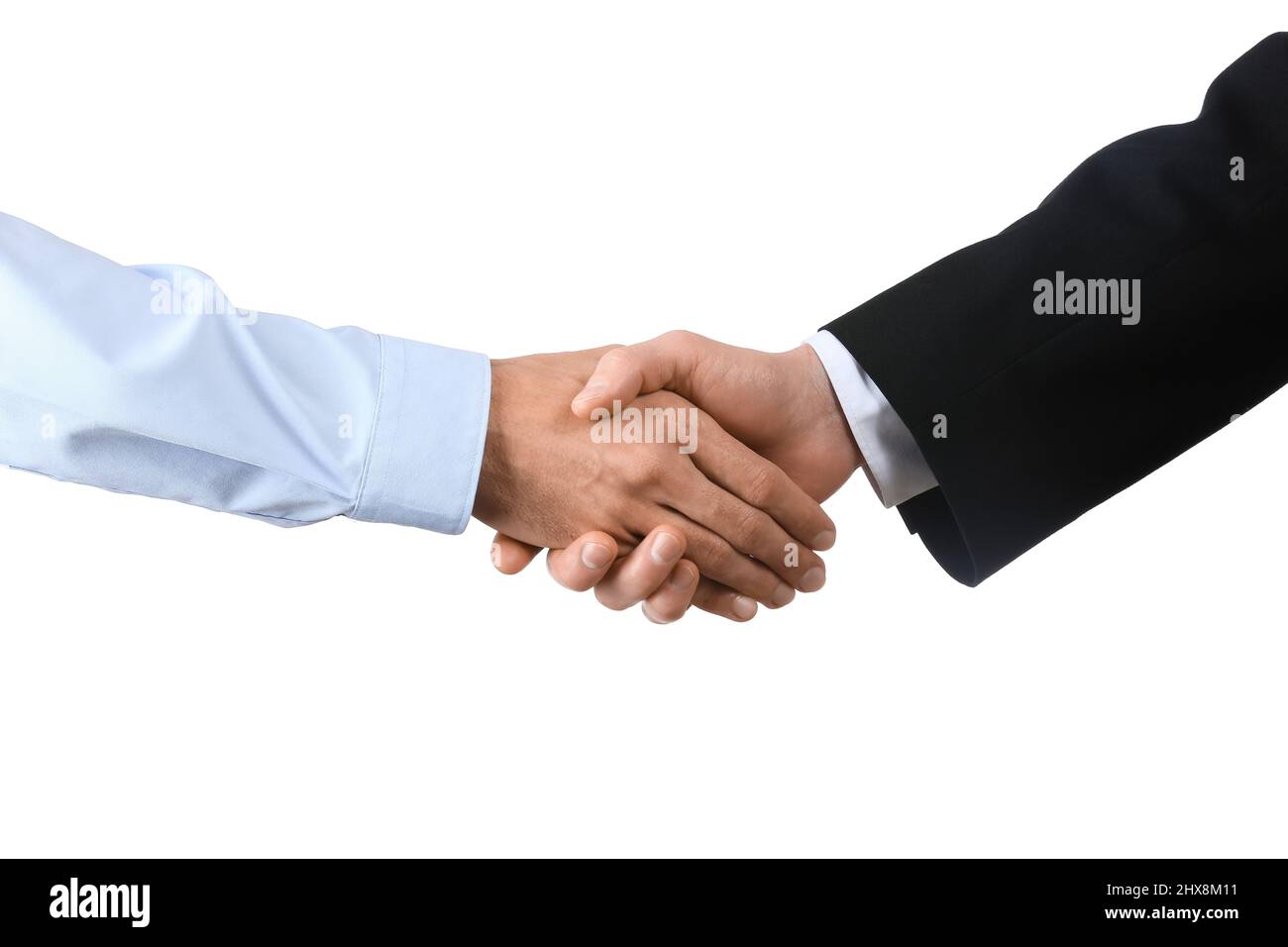 Business partners shaking hands on white background Stock Photo - Alamy