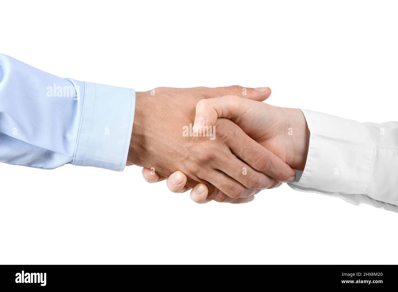 Business man shaking his partner's hand on white background Stock Photo ...