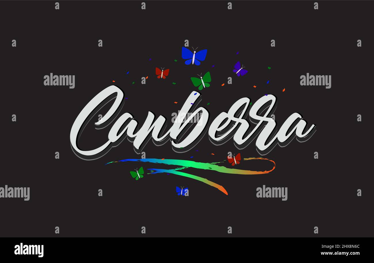 White Canberra Handwritten Word Text with Butterflies and Colorful ...