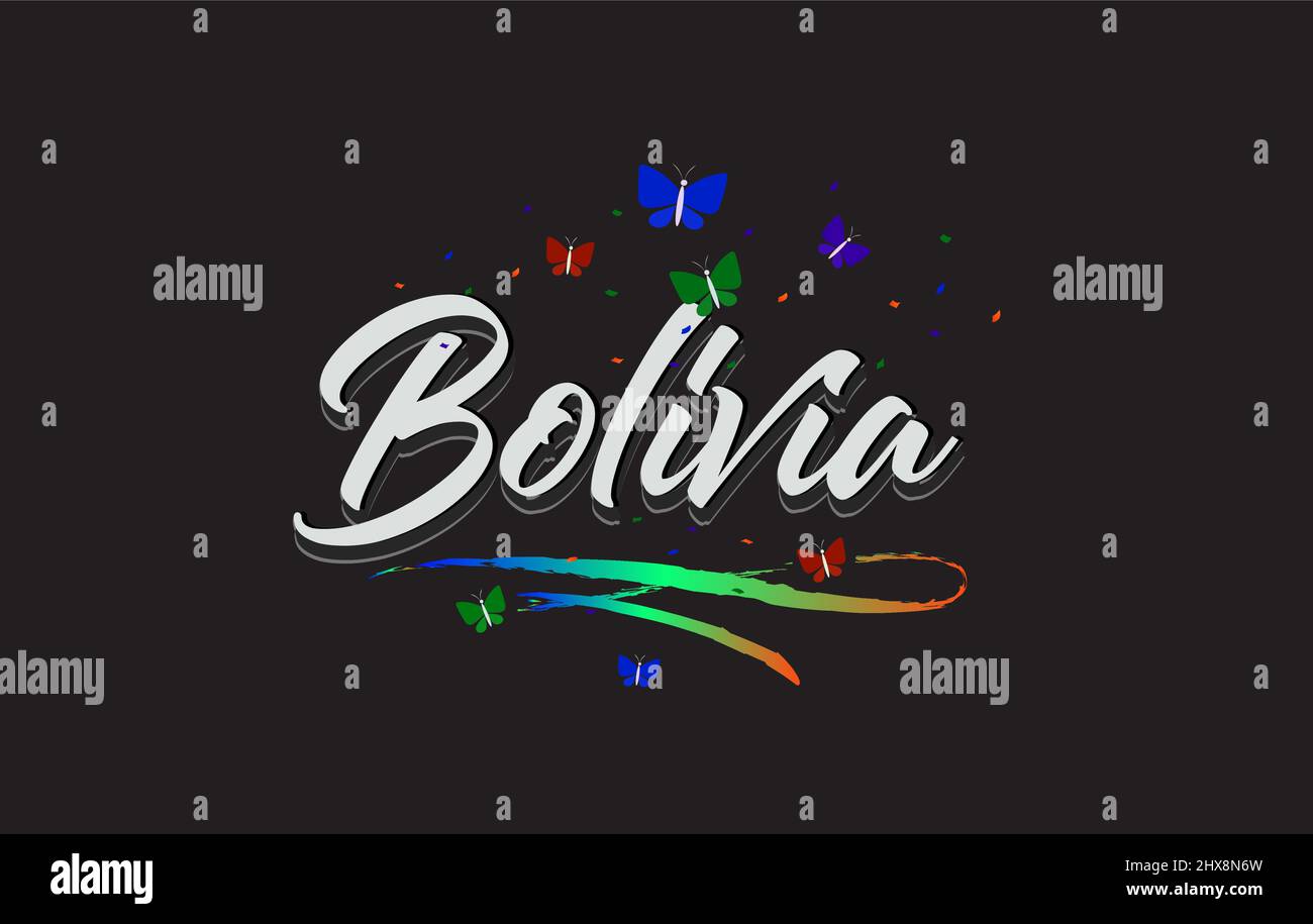 White Bolivia Handwritten Word Text with Butterflies and Colorful ...