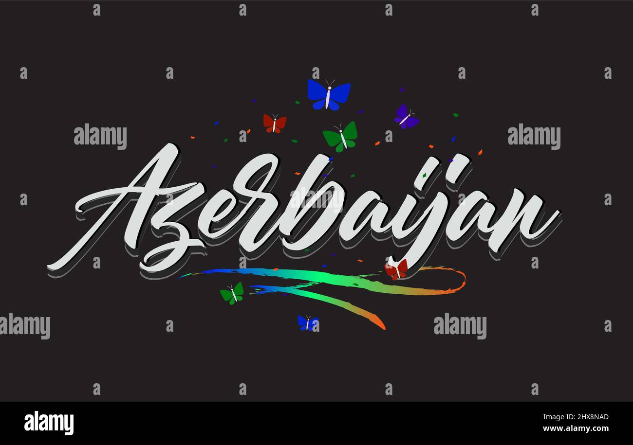 White Azerbaijan Handwritten Word Text with Butterflies and Colorful ...