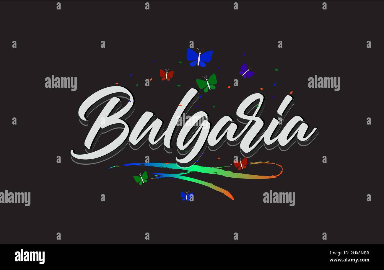 White Bulgaria Handwritten Word Text with Butterflies and Colorful ...