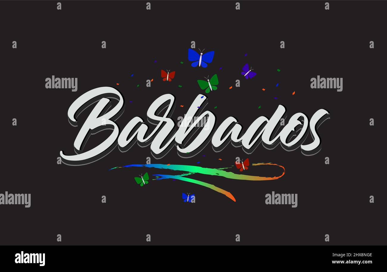 White Barbados Handwritten Word Text with Butterflies and Colorful ...