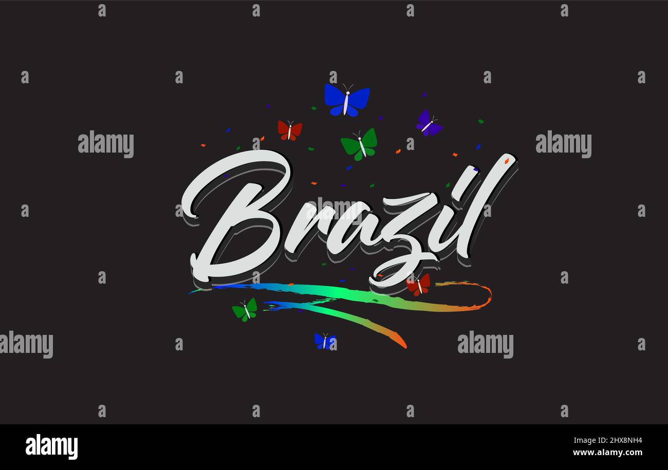 White Brazil Handwritten Word Text with Butterflies and Colorful Swoosh ...