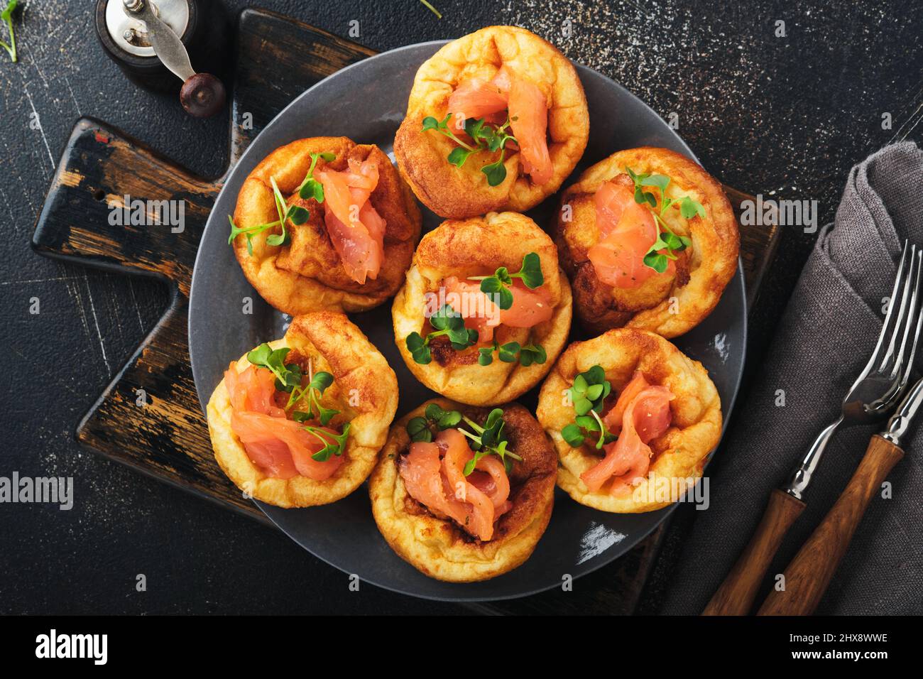 Yorkshire pudding. Traditional English Yorkshire pudding with salmon ...