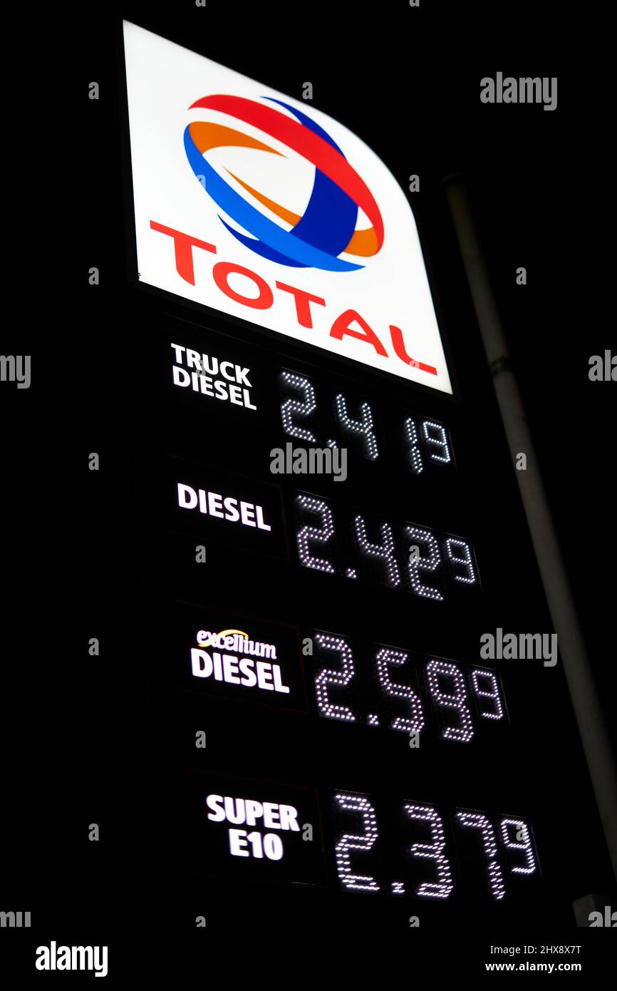 Denkendorf, Germany - March 09, 2022: Close up of Price board with high ...