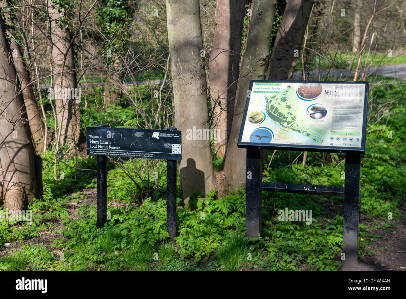 Sign and map at the entrance to Ham Lands, a nature reserve by ...