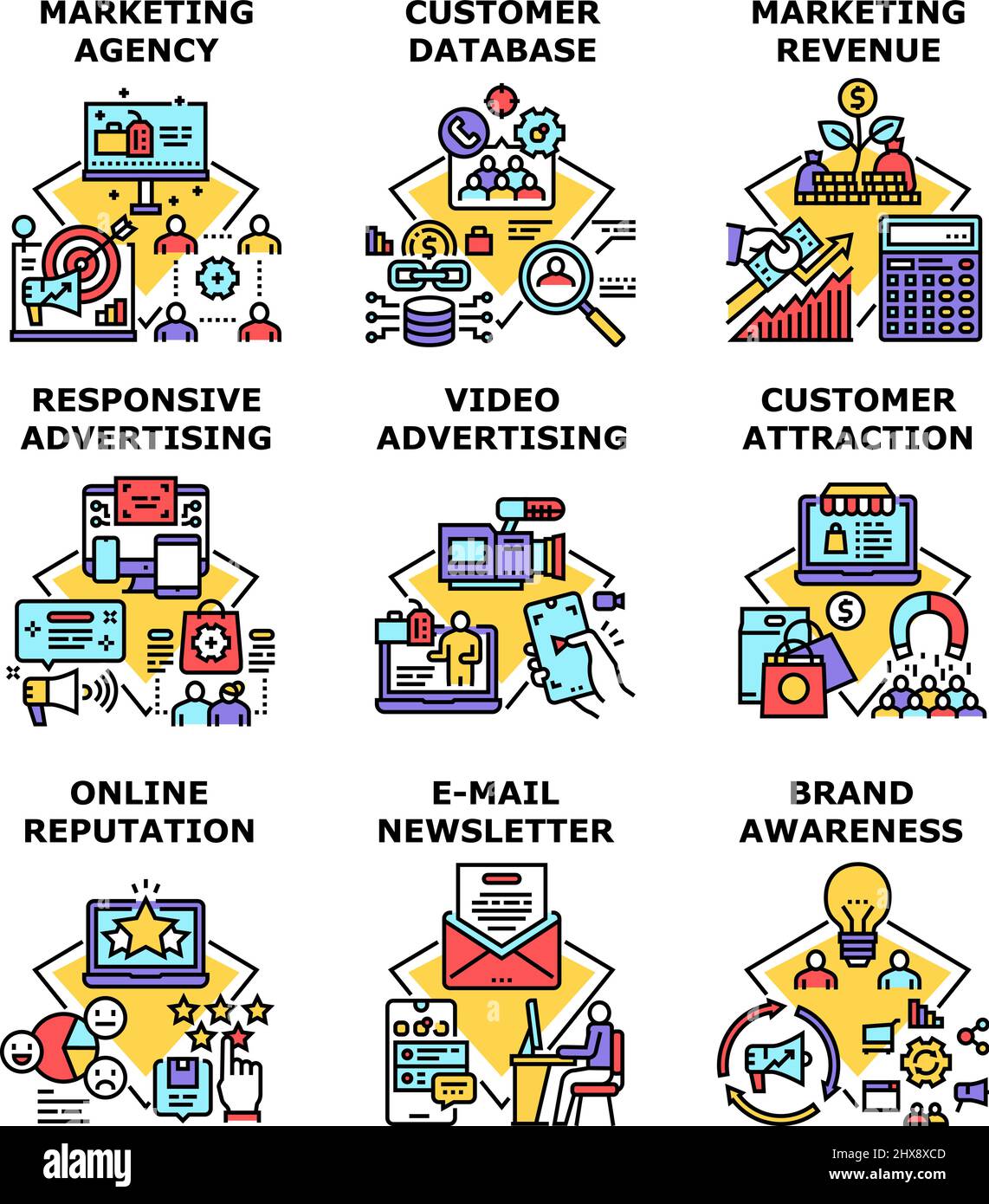 Marketing Agency Set Icons Vector Illustrations Stock Vector Image ...