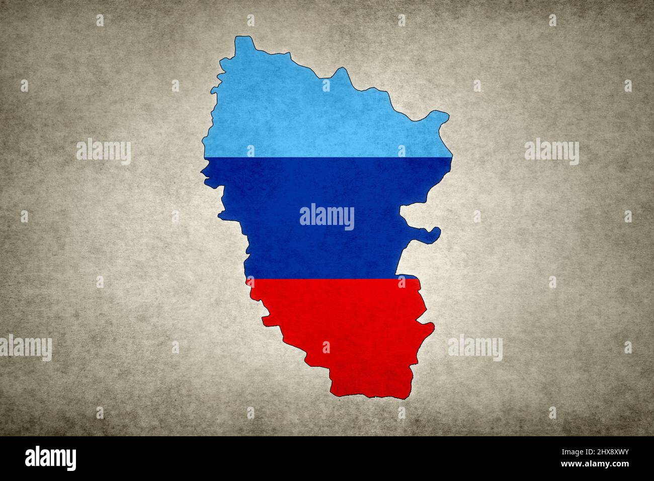 Grunge map of Lugansk with its flag printed within its border on an old ...