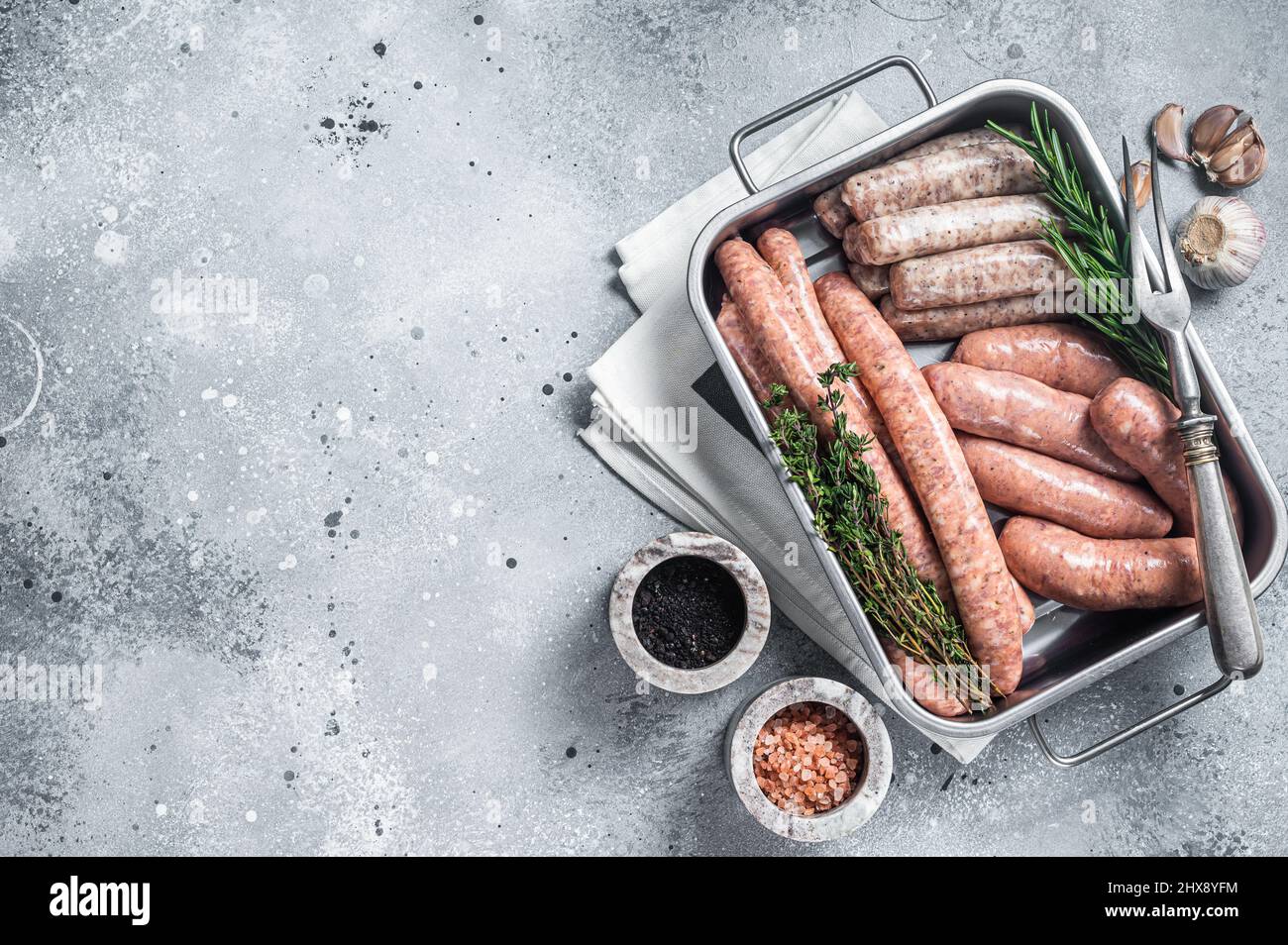 Assorted raw sausages. Beef, pork, lamb and chicken mince meat sausages ...