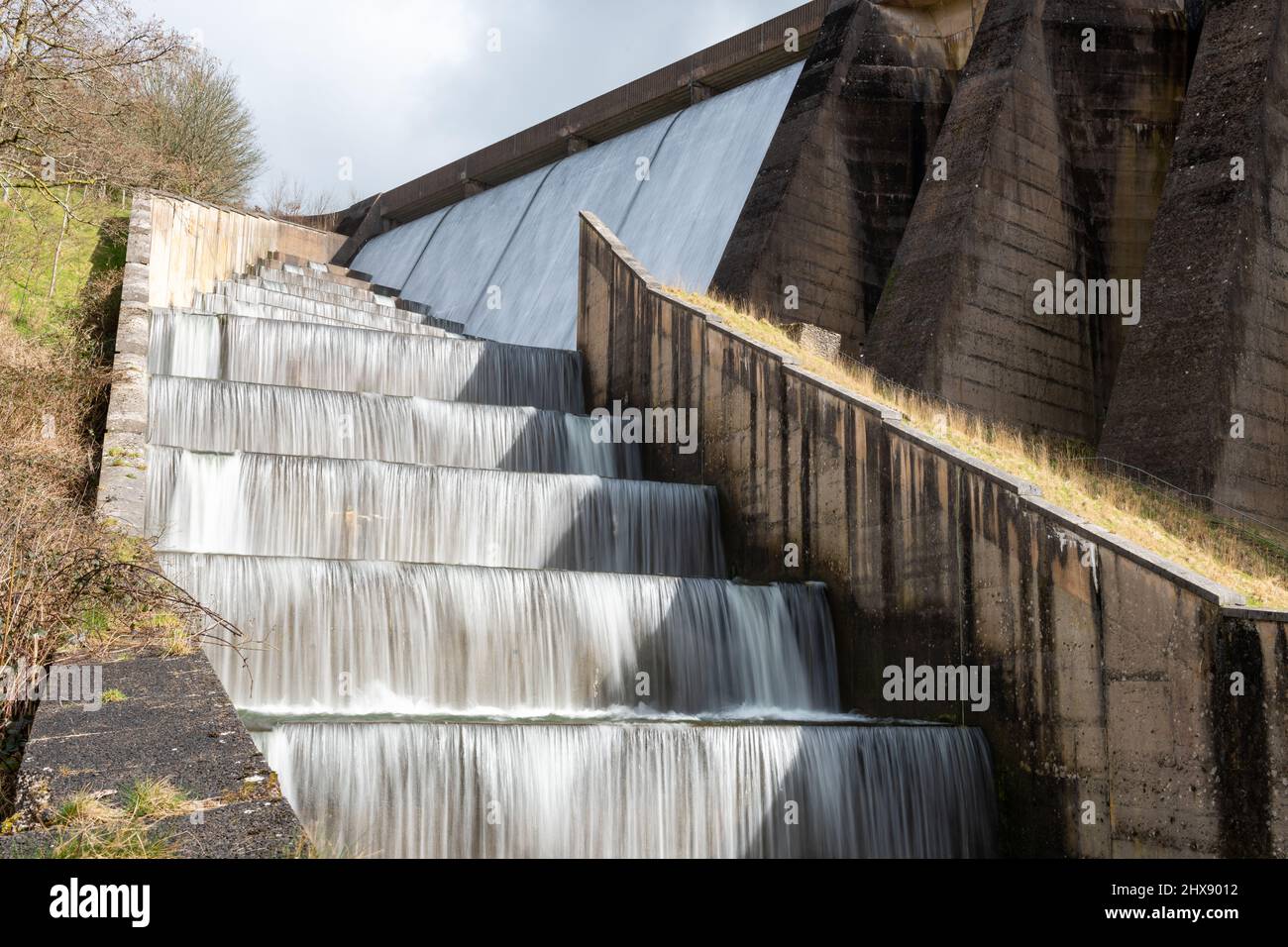 Long exposure of the waterfalls flowing over Wimbleball dam in Somerset ...