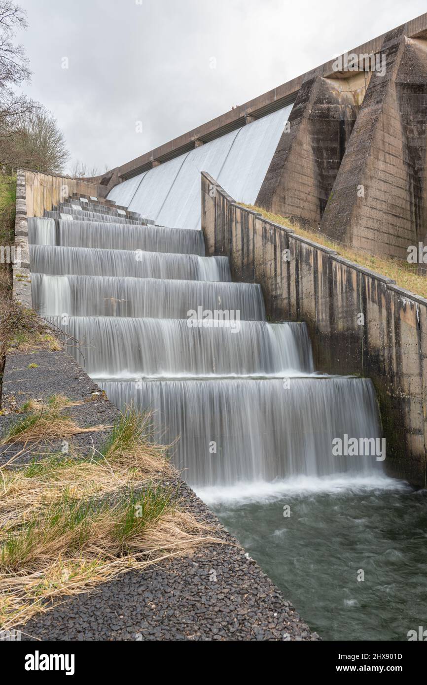 Long exposure of the waterfalls flowing over Wimbleball dam in Somerset ...