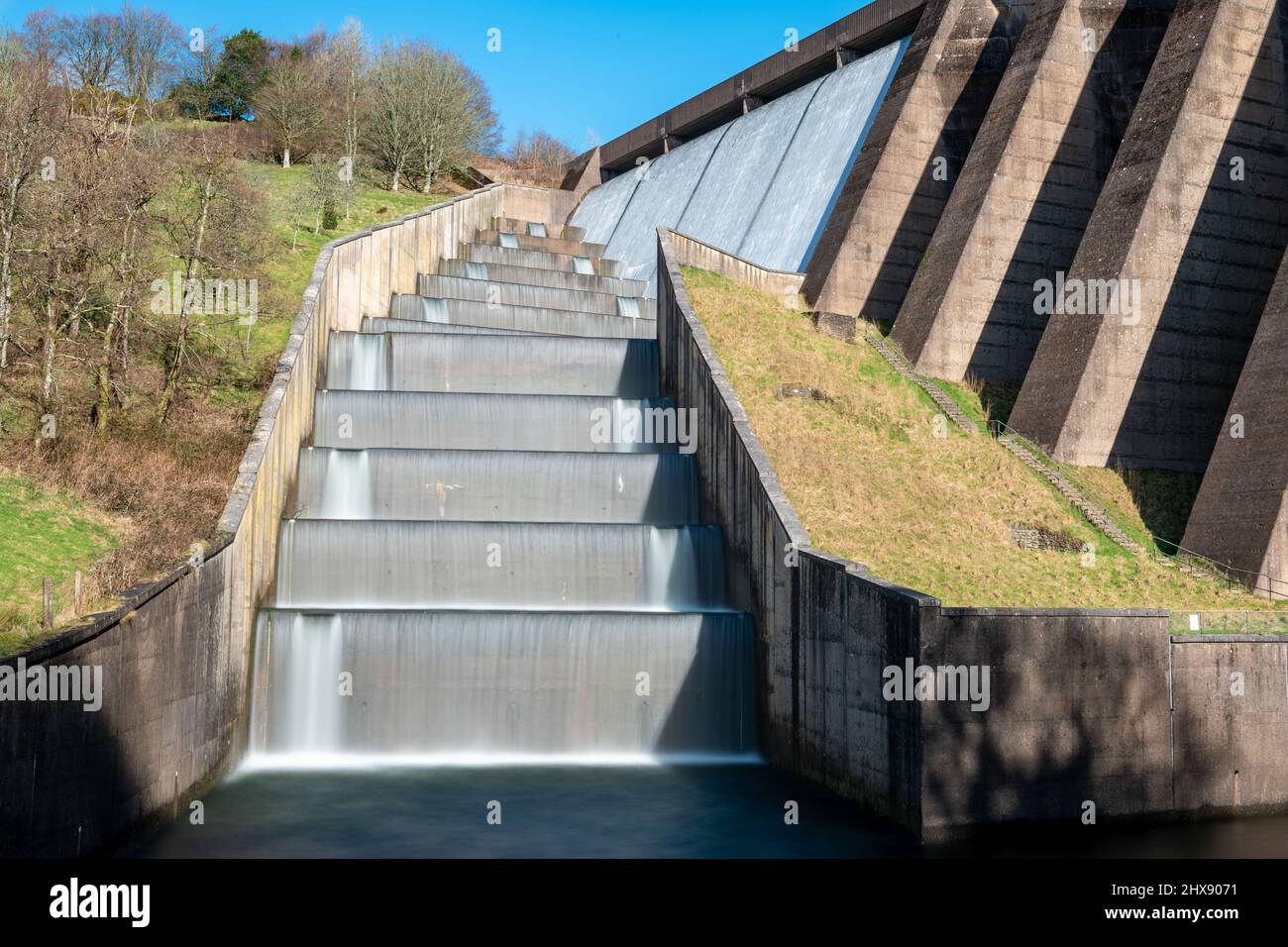 Long exposure of the waterfalls flowing over Wimbleball dam in Somerset ...