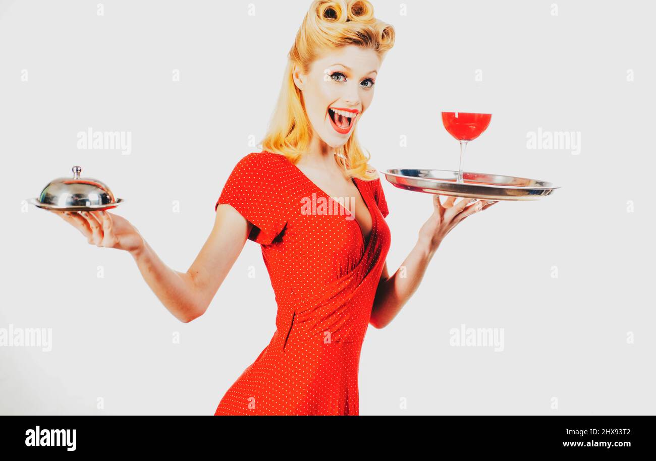 Restaurant serving concept. Pin up girl waiter with wine and service ...