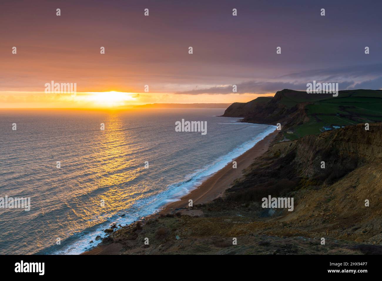 Eype, Dorset, UK. 10th March 2022. UK Weather. View along the beach and ...