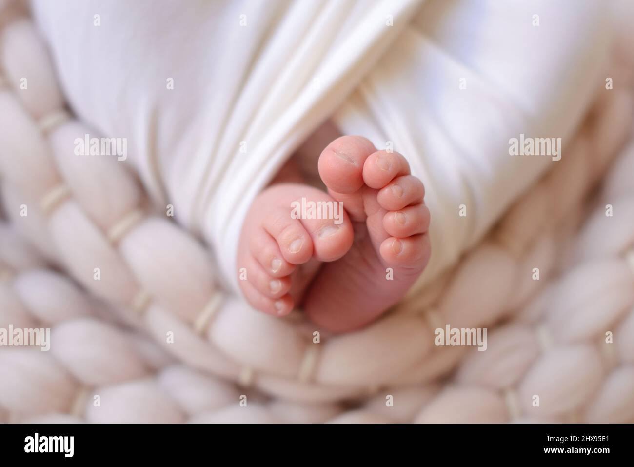 Small beautiful legs of a newborn baby in the first days of life. Baby ...