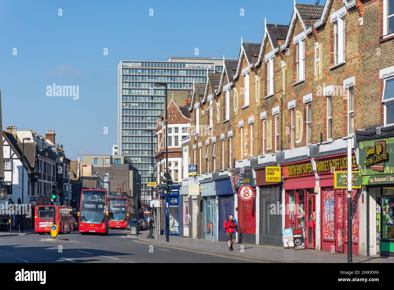 Double decker bus buses red traffic shops shopping end south cro hi-res ...