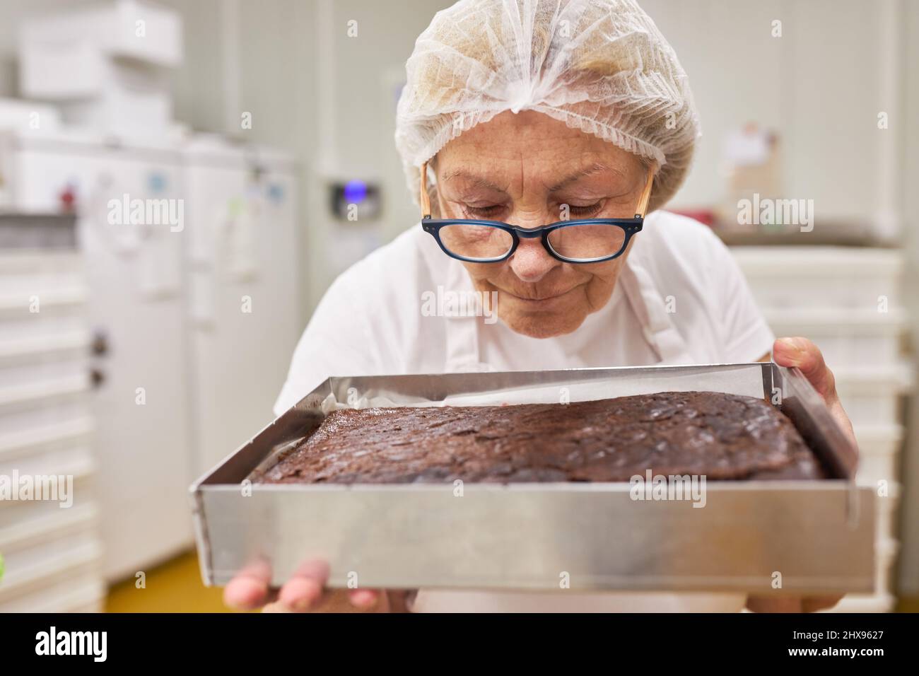 Elderly female baker smelling fresh chocolate cake in family bakery ...