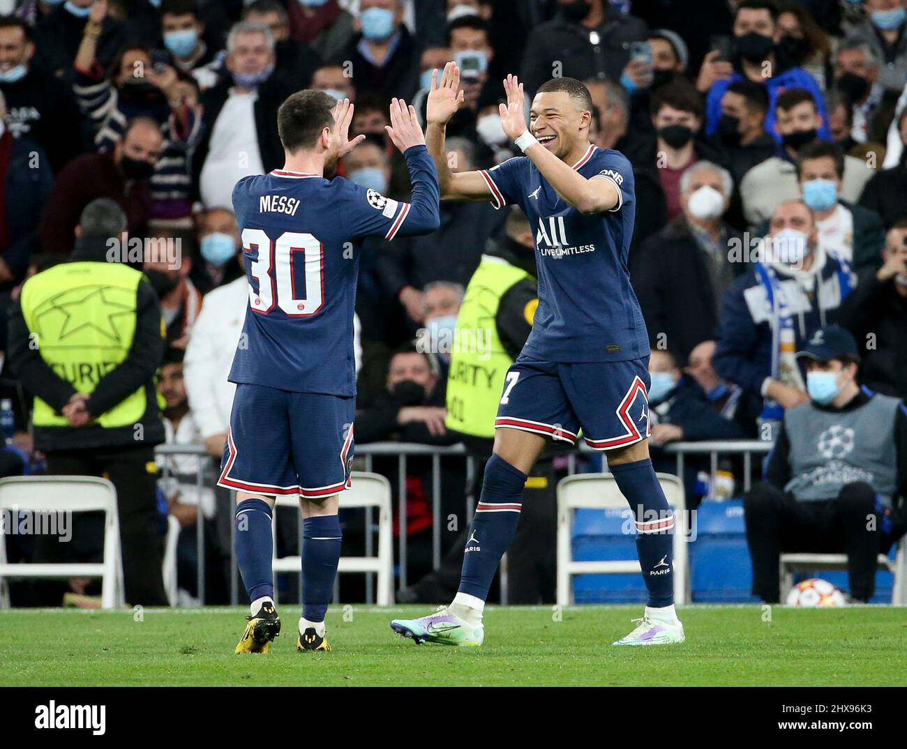 Kylian Mbappe of PSG celebrates his goal with Lionel Messi (left ...
