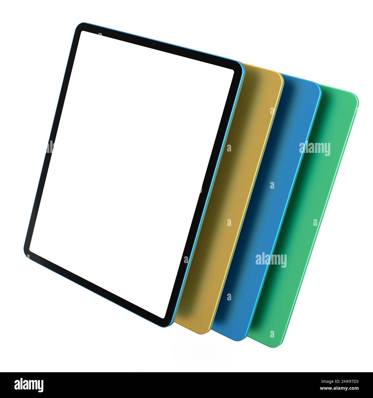 Set of computer tablets with cover case and blank screen isolated on ...