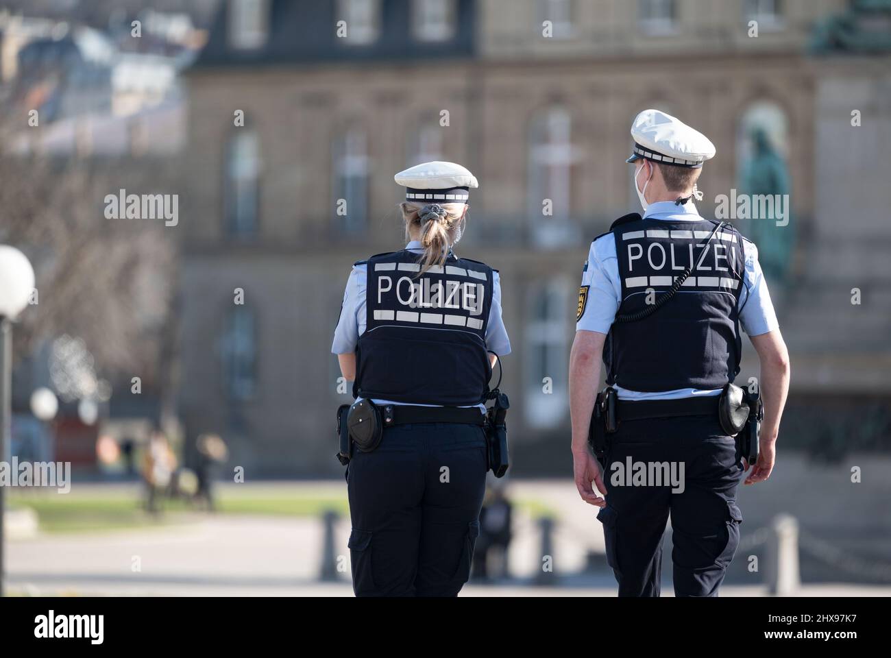 Stuttgart, Germany. 25th Feb, 2022. Police officers patrol the ...