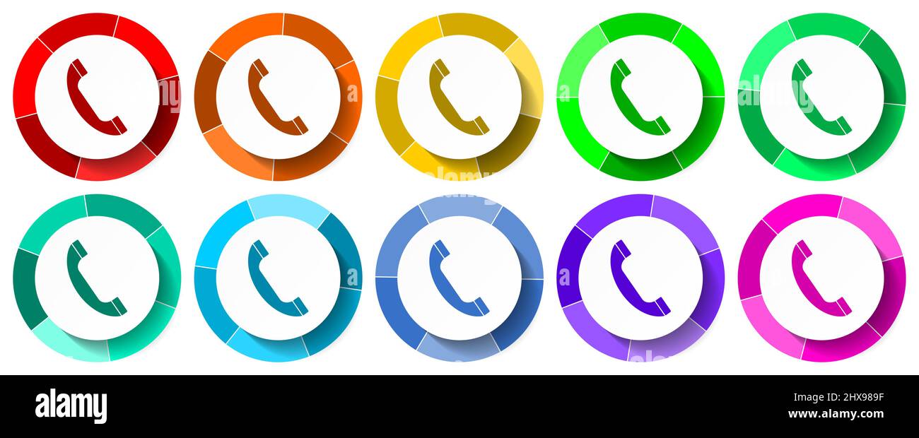 Phone icon set, telephone flat design vector illustration in 10 colors ...