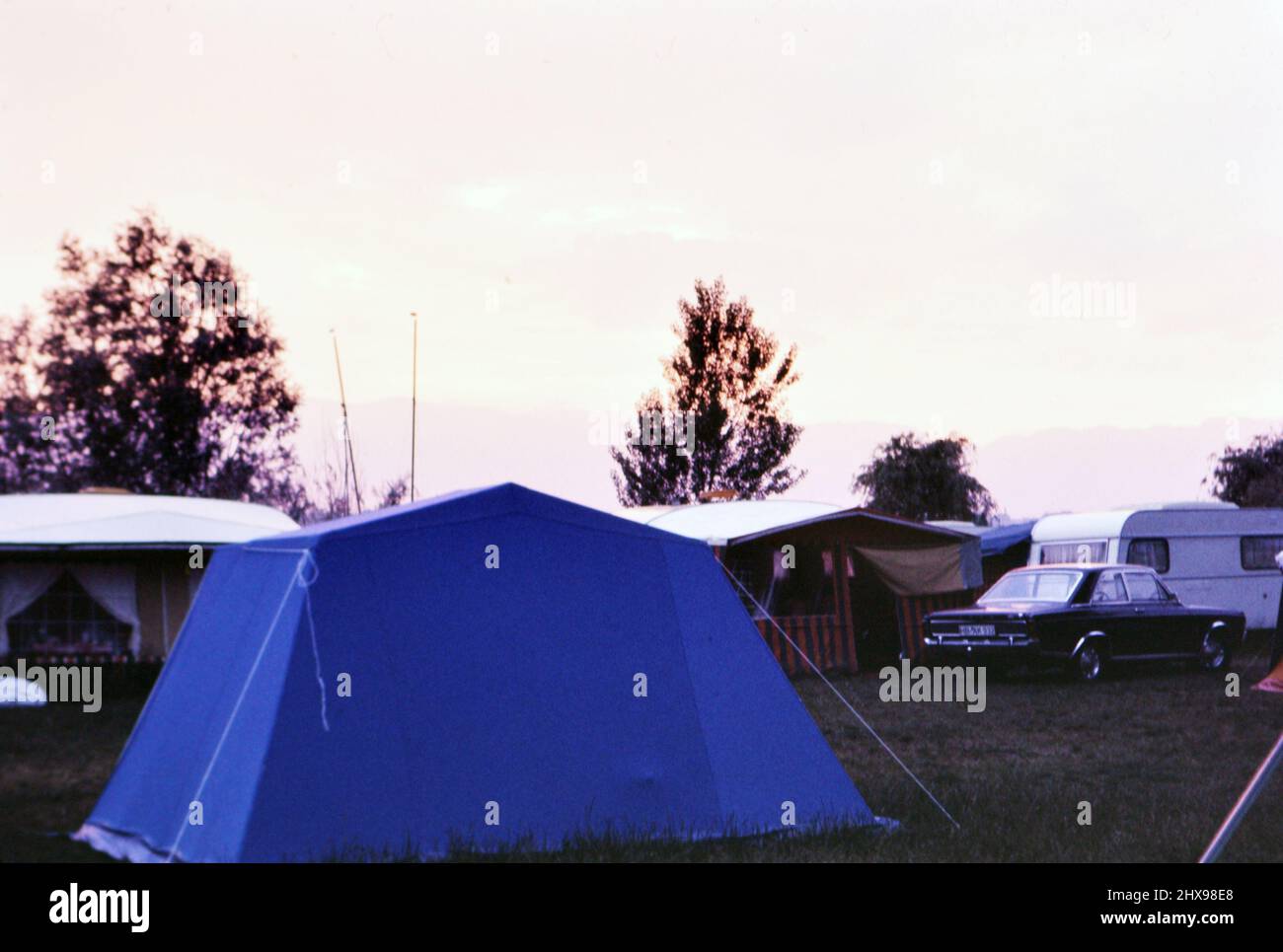 A pitched tent in a campground in the early 1970s ca. 1972 Stock Photo ...