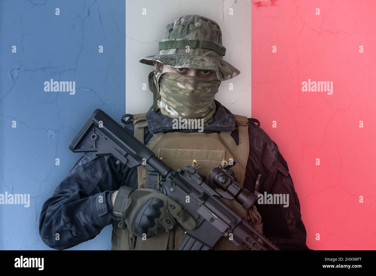 Angry french soldier armed with rifle with france flag as background ...
