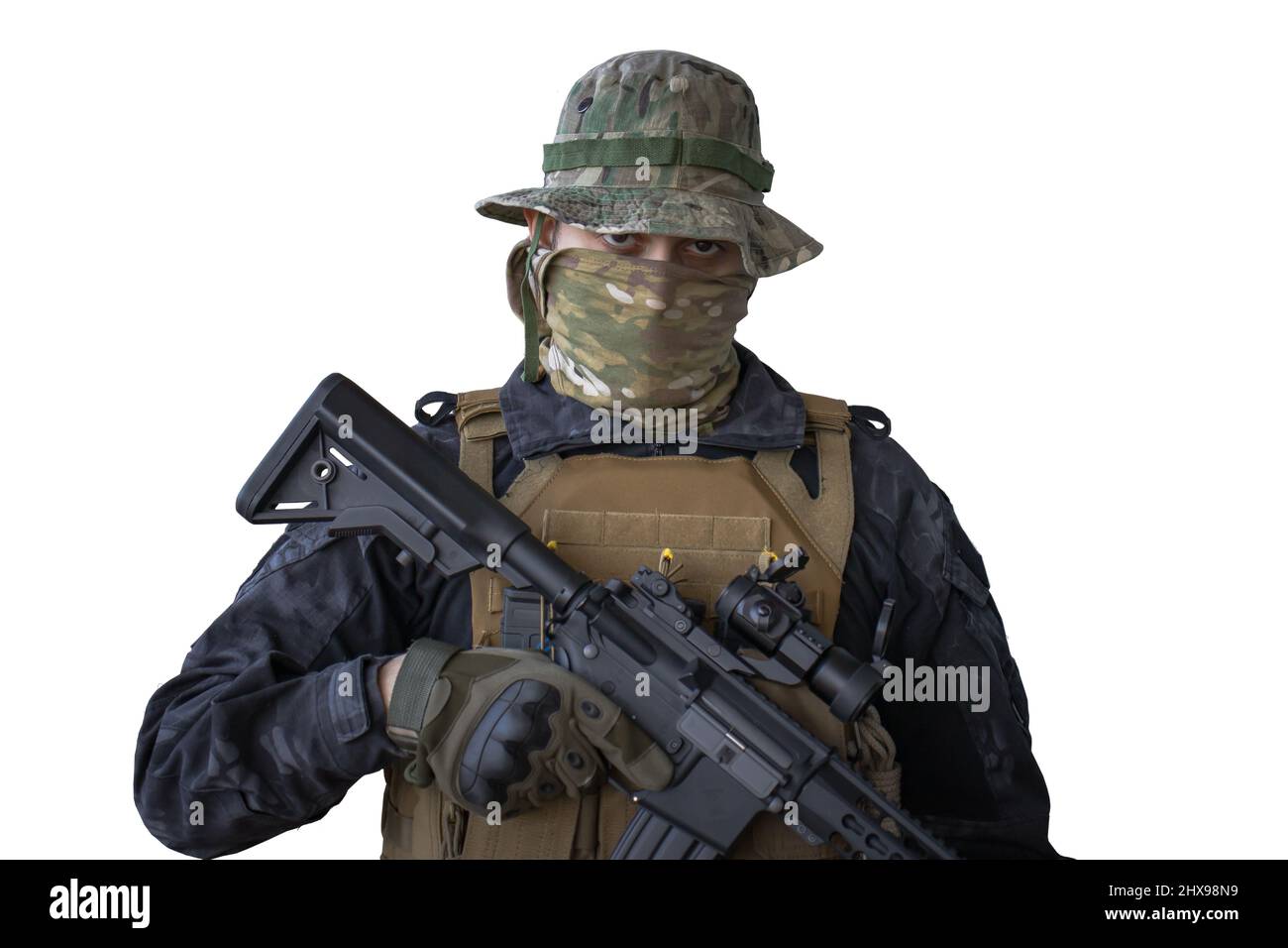 Angry soldier armed with rifle with isolated white background Stock ...