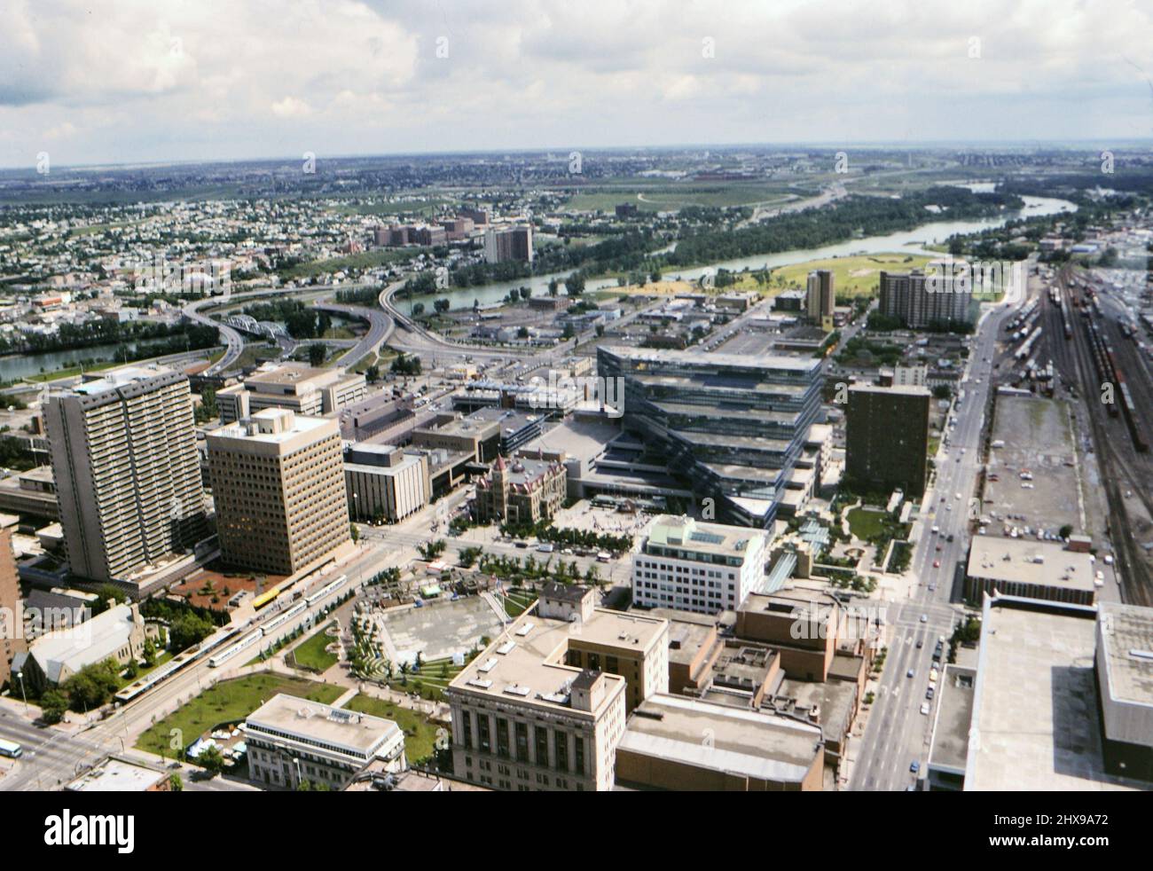 Aerial view of downtown Calgary Alberta. The most distinctive building ...