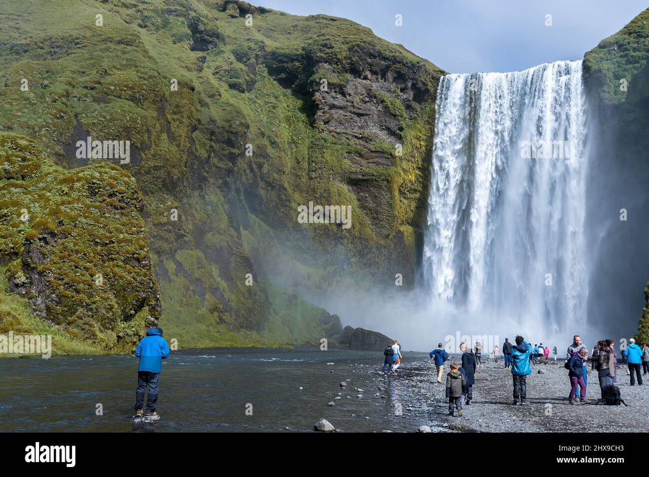 Beautiful aerial view of the huge Skogafoss waterfall and its rainbow ...