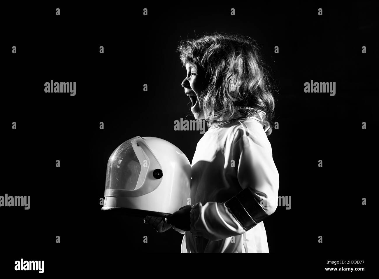 Excited kid boy exploring space. Portrait of amazed surprised kids in ...