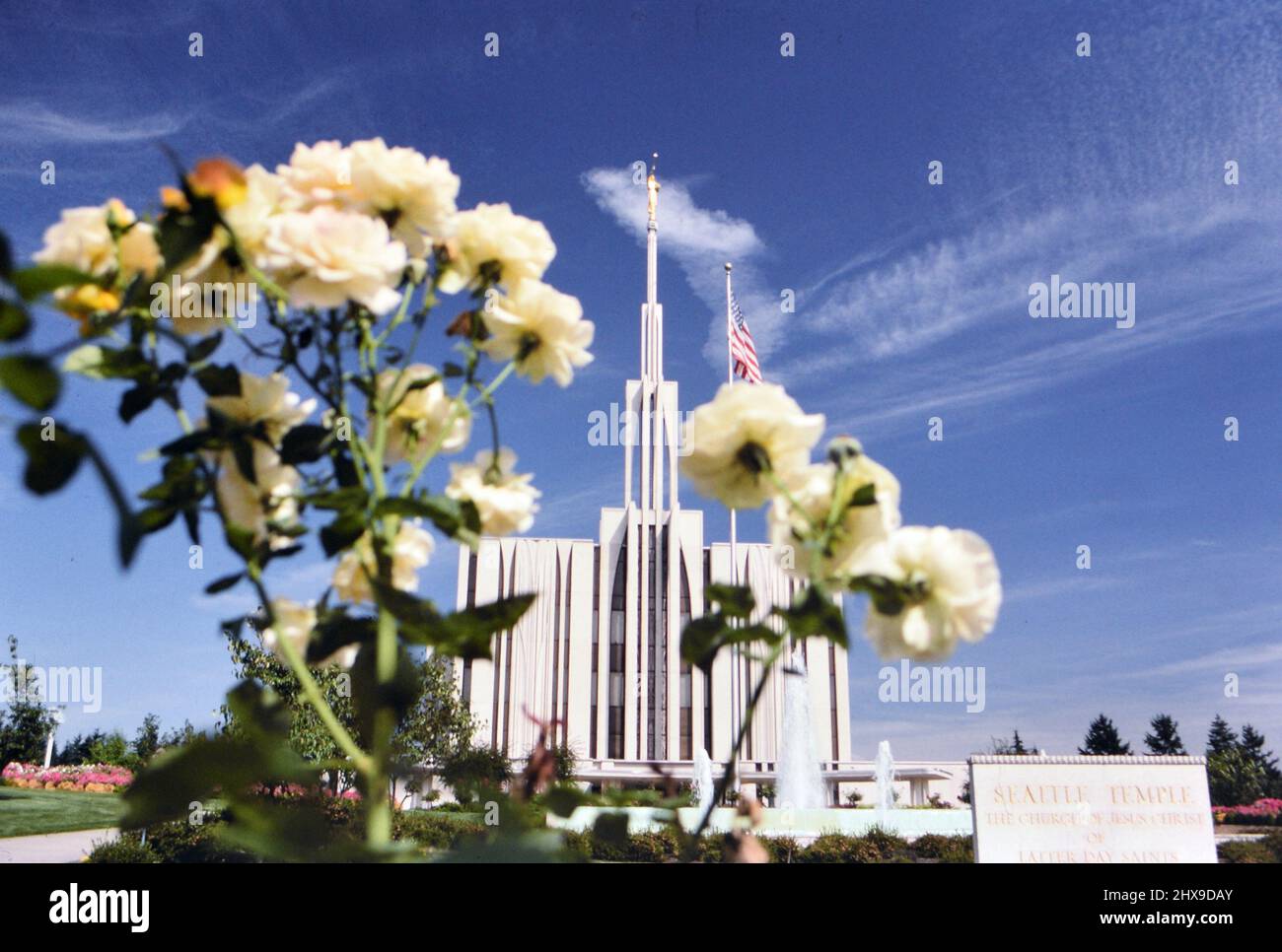 The Seattle Temple (Mormon Church building) with flowers in the ...