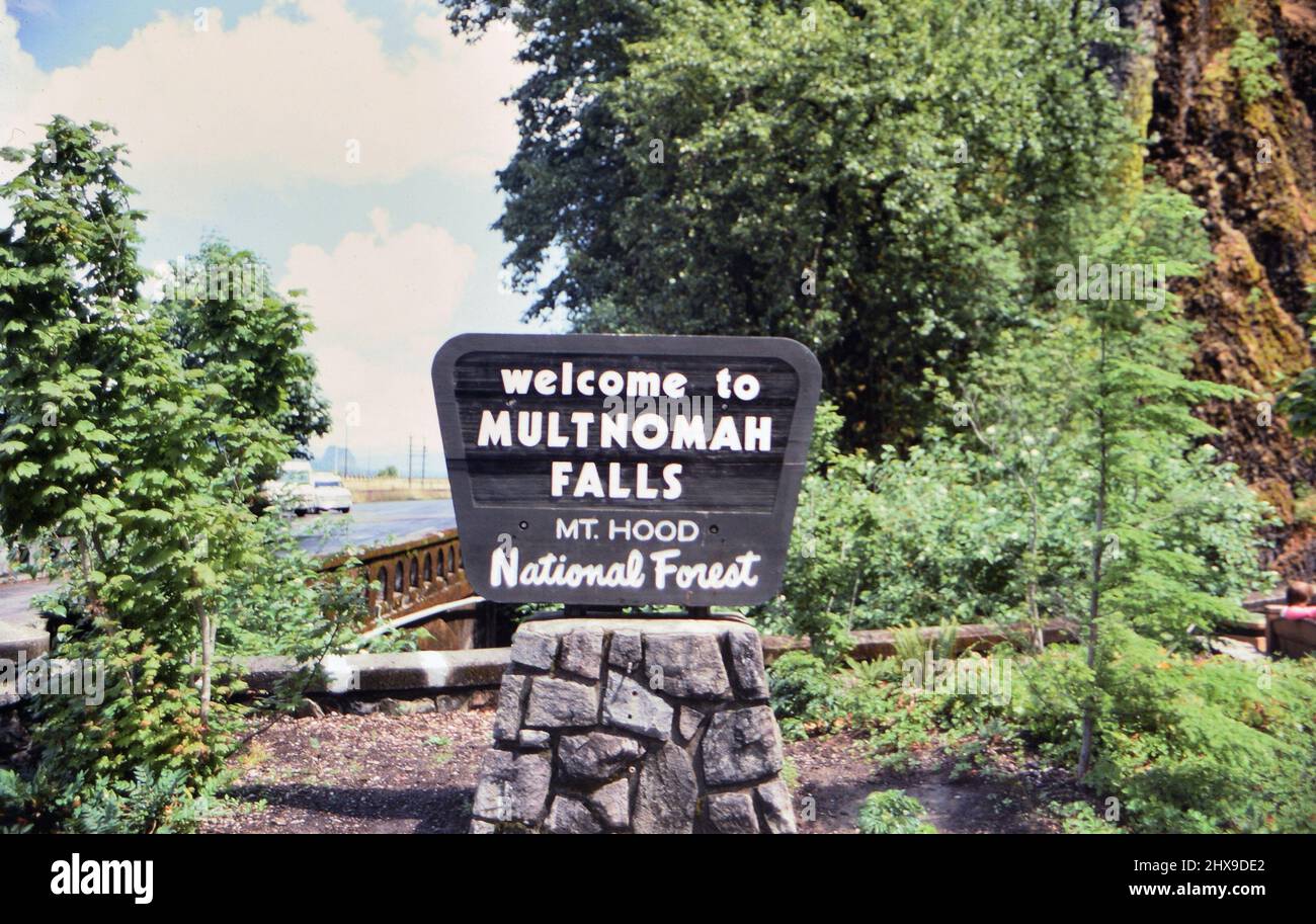 Welcome to Multnomah Falls sign in Mt. Hood National Forest ca. 1985 ...