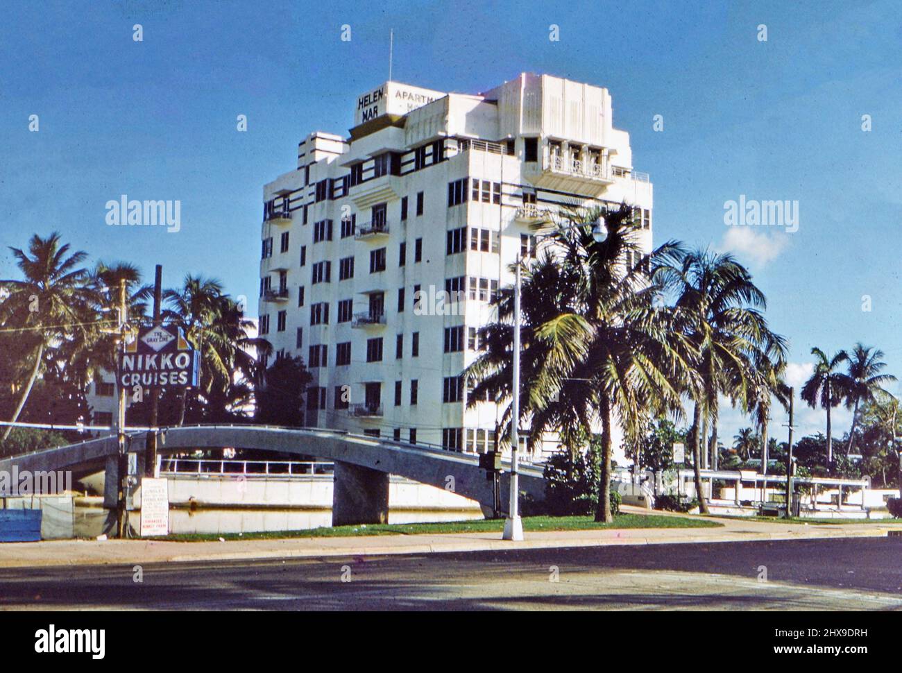 Helen Mar Apartments in Miami Beach Florida, a Nikko Cruises sign in ...