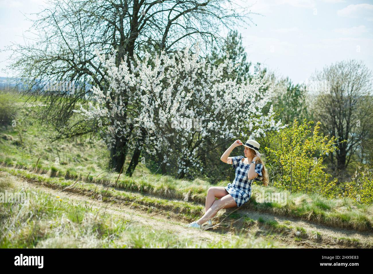 beautiful girl in a dress walking in the spring forest where the trees ...
