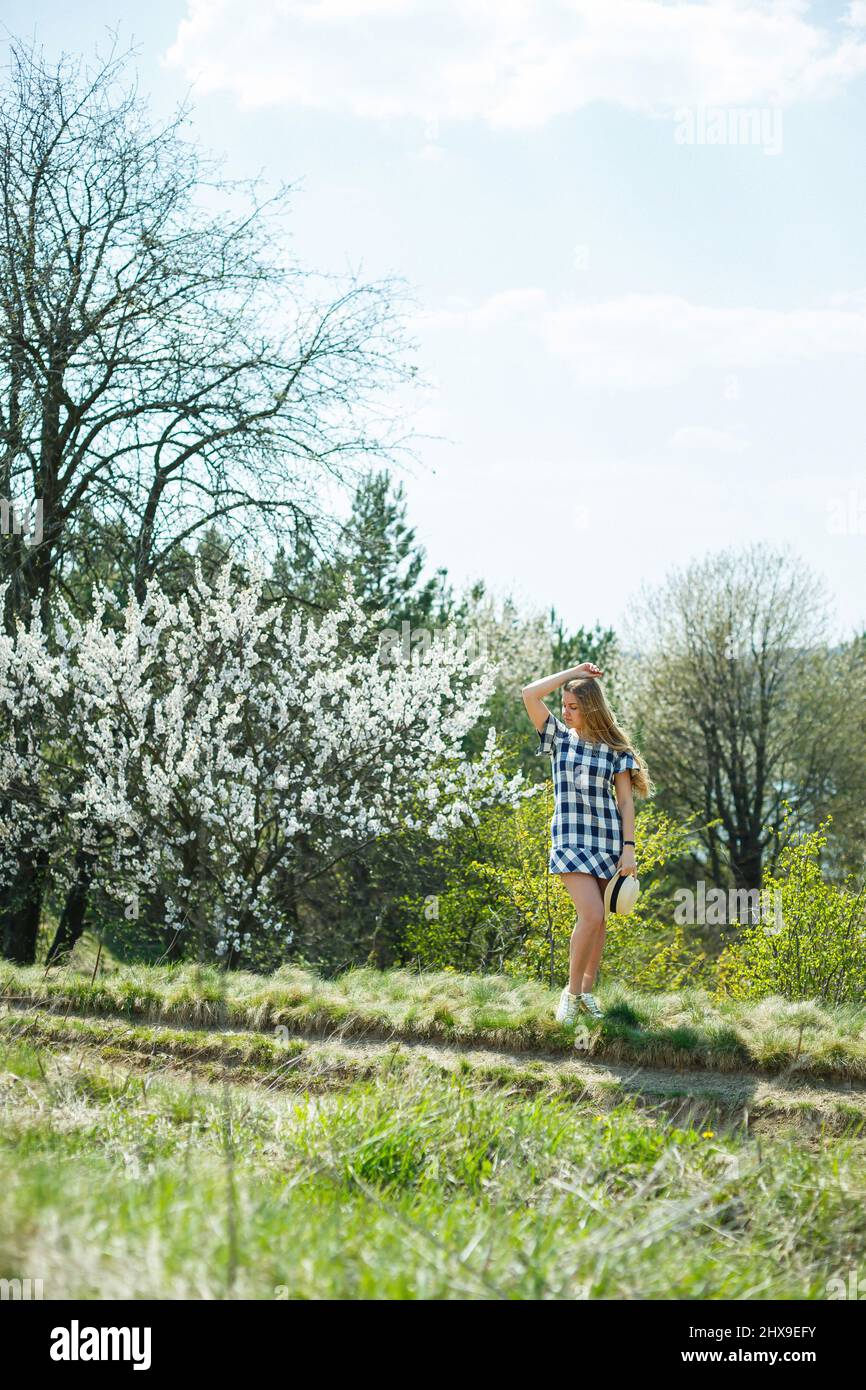 beautiful girl in a dress walking in the spring forest where the trees ...