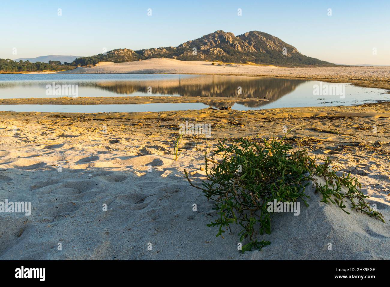 Landscape with Mount Louro reflected on the lagoon Stock Photo - Alamy