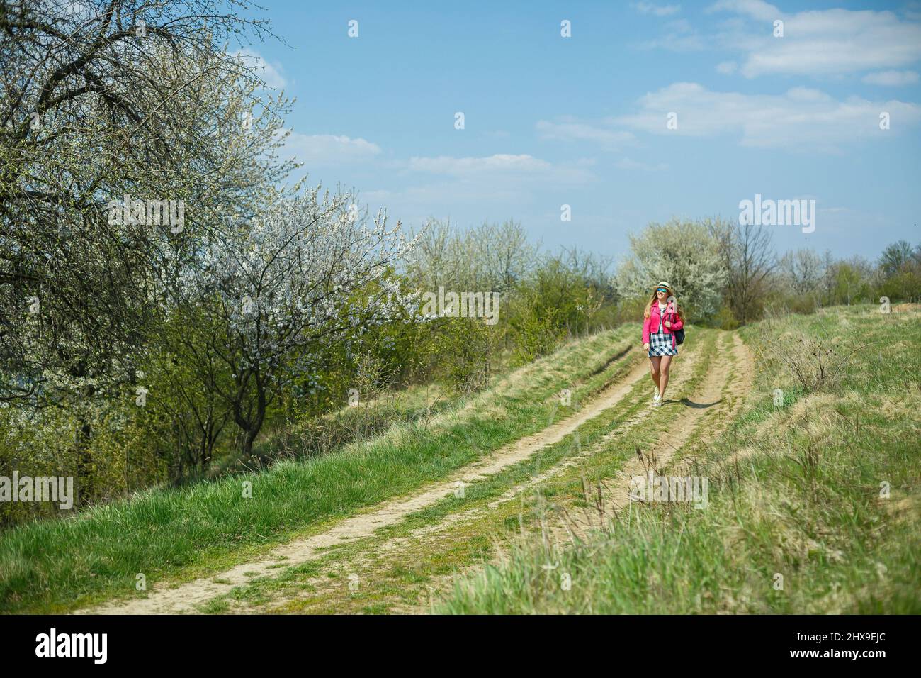 beautiful girl in a dress walking in the spring forest where the trees ...