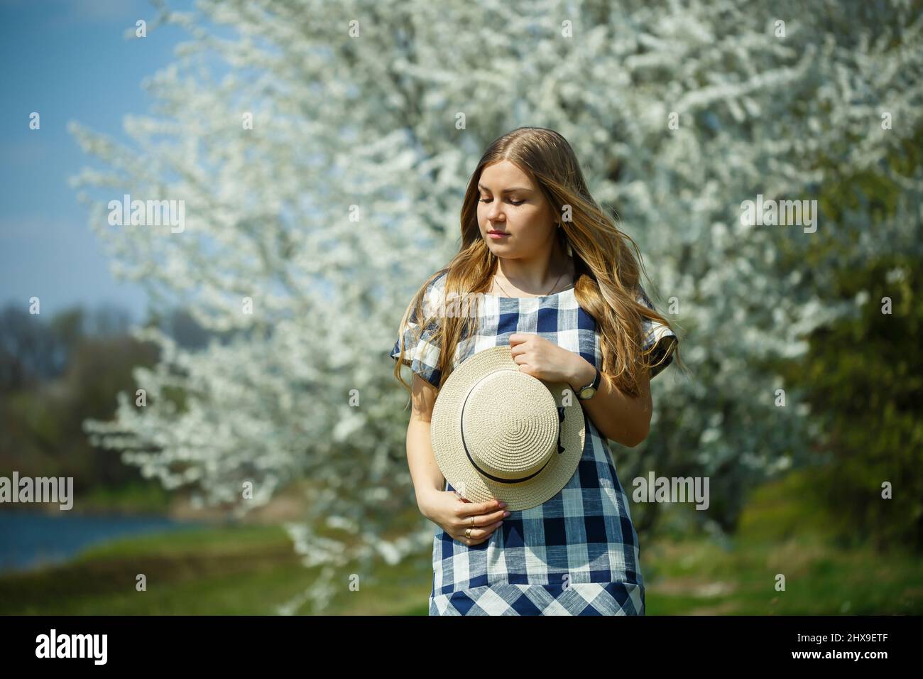 beautiful girl in a dress walking in the spring forest where the trees ...