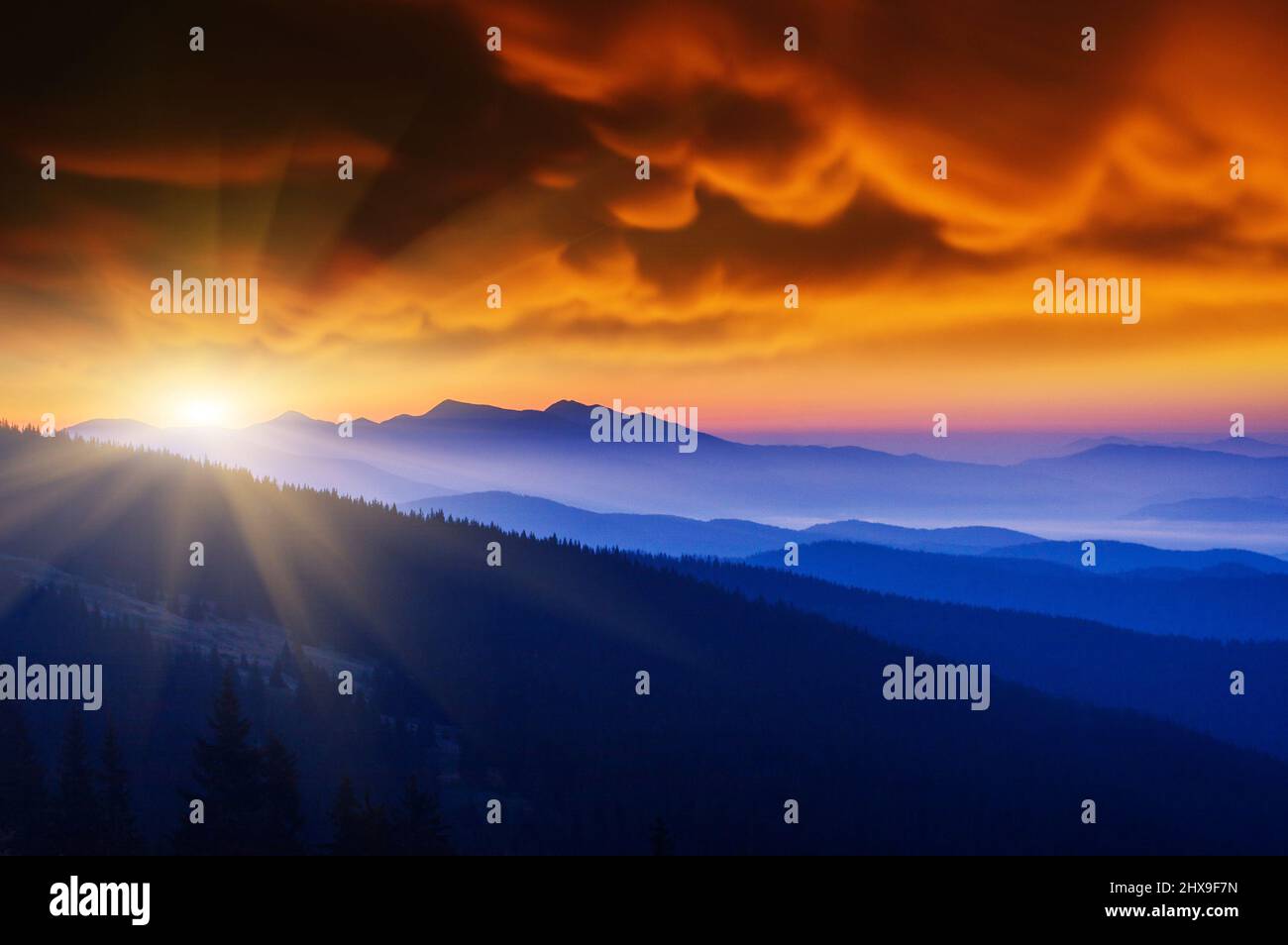 Majestic sunset in the mountains landscape. Carpathian, Ukraine Stock ...