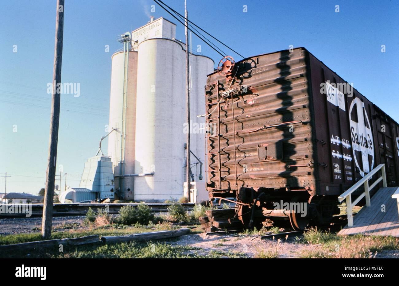Grain elevator and railroad box car in Stratford Texas ca. 1996 Stock ...