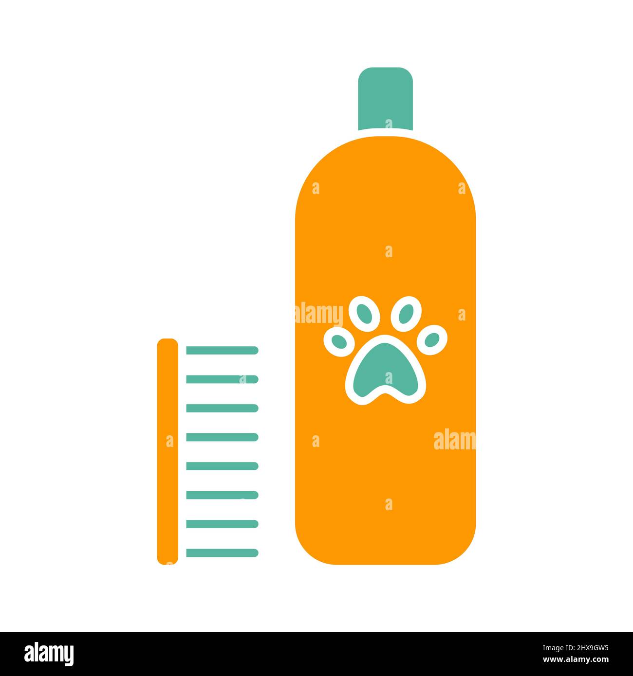 Vector illustration of cartoon pet shampoo and comb on white background ...
