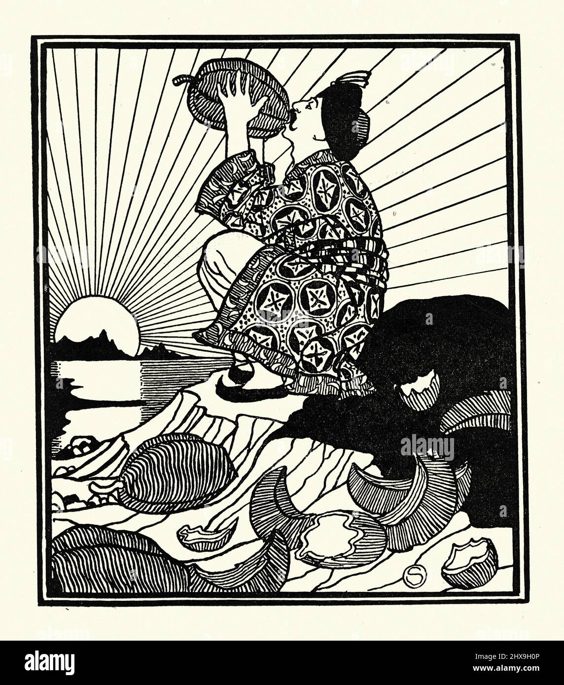 Vintage illustration from Fourth voyage of Sinbad the Sailor, drinking ...