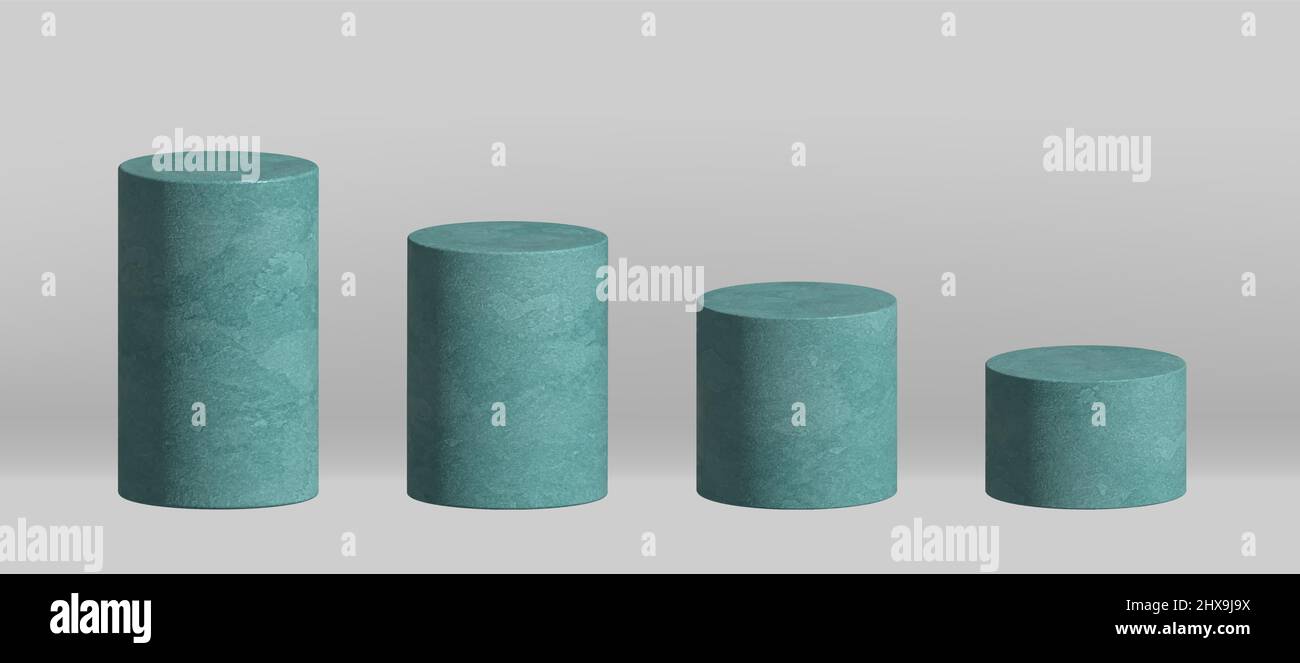 Wax paint blue columns for presentation. 3d column collection on grey ...