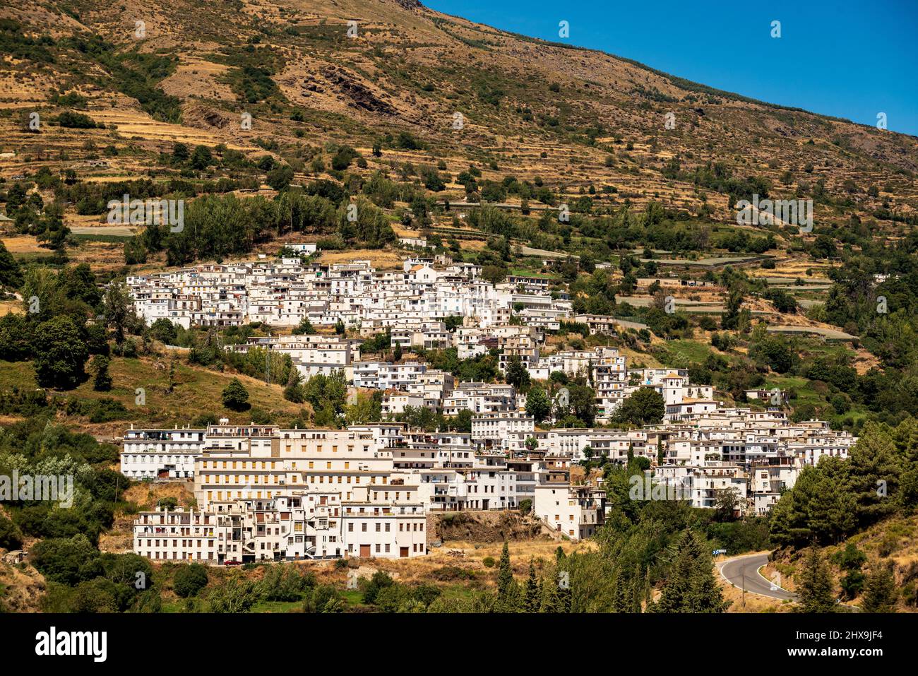 Scenic view of Trevélez village and its white terraced houses, seen ...